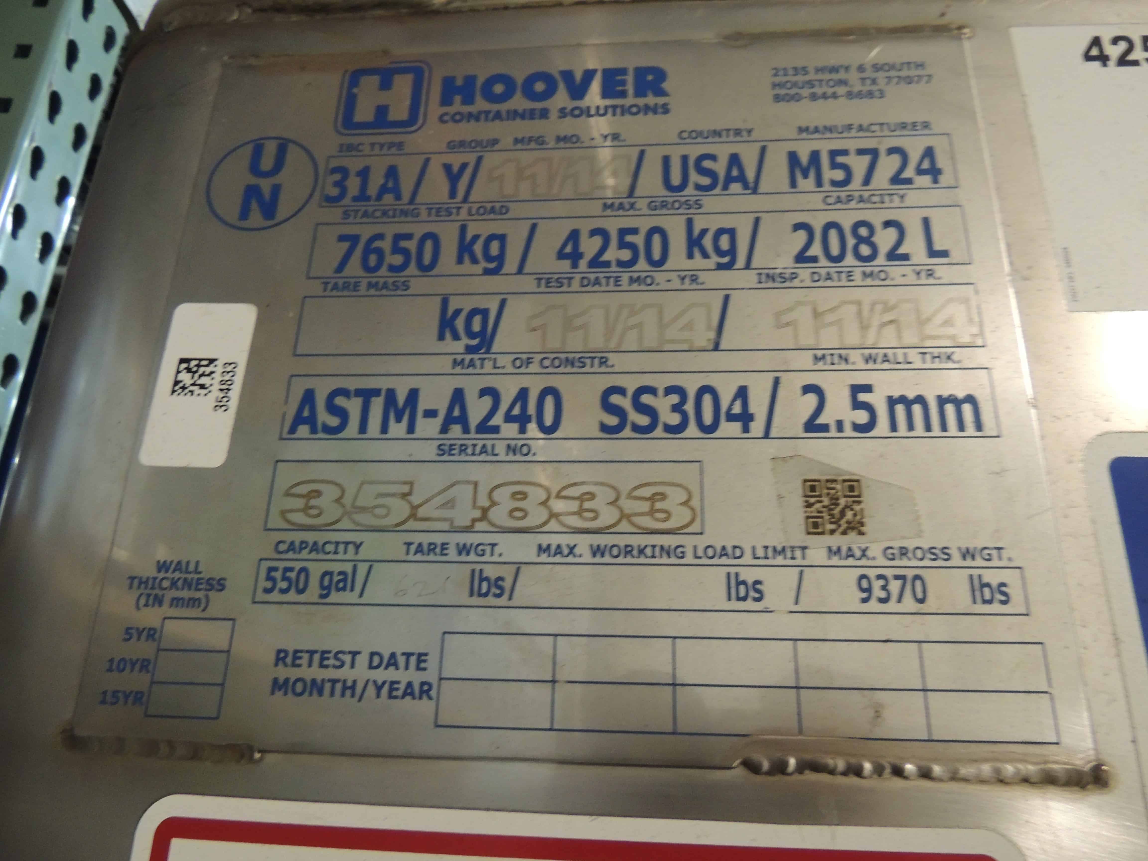 550 Gal SS Hoover Group Tote | 13973 | New Used and Surplus Equipment ...